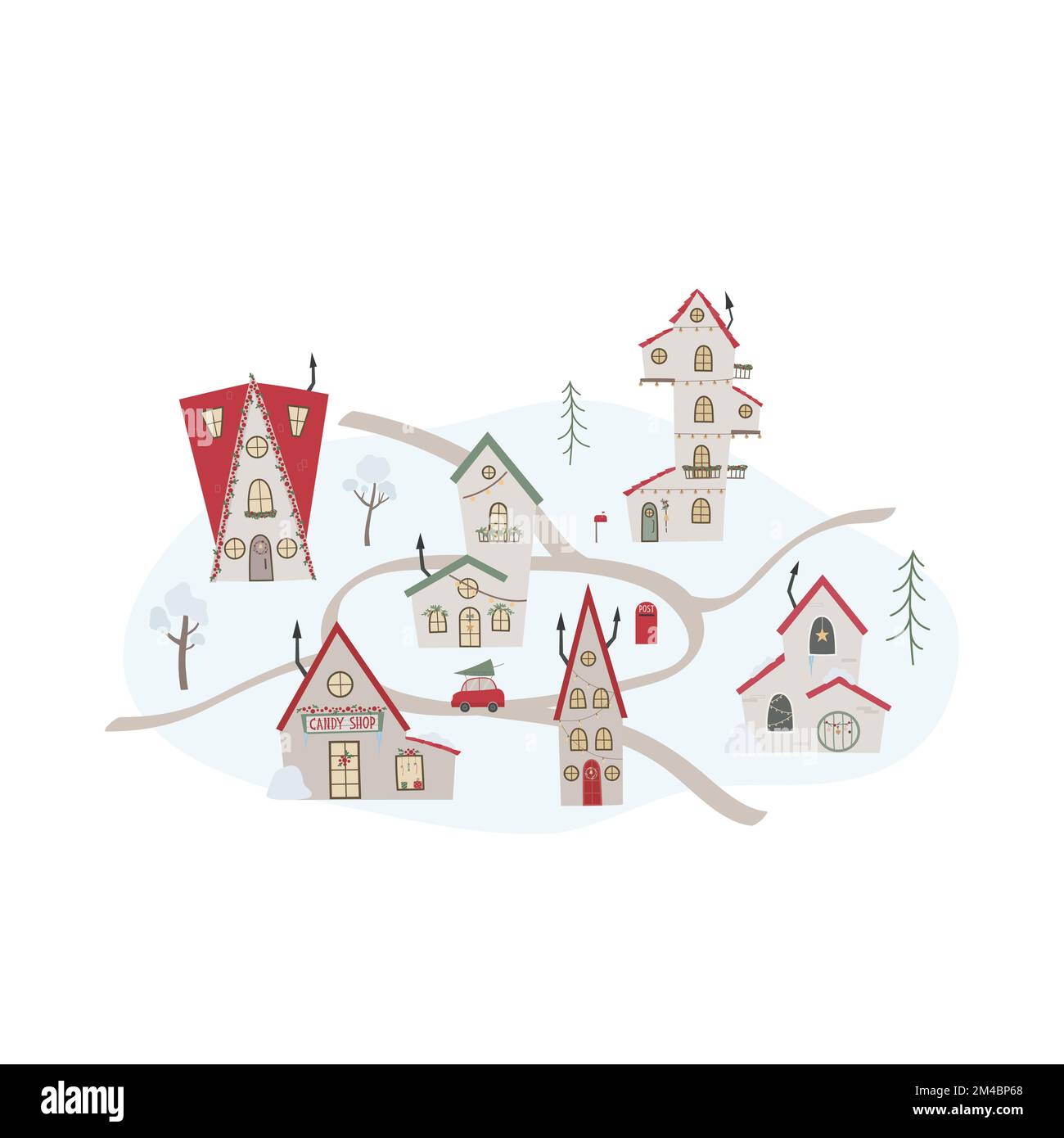 Cute Christmas city map with road, car, decoration, houses, trees ...