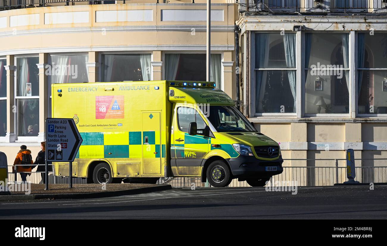 Brighton UK 20th December 2022 - An NHS ambulance with its blue ...