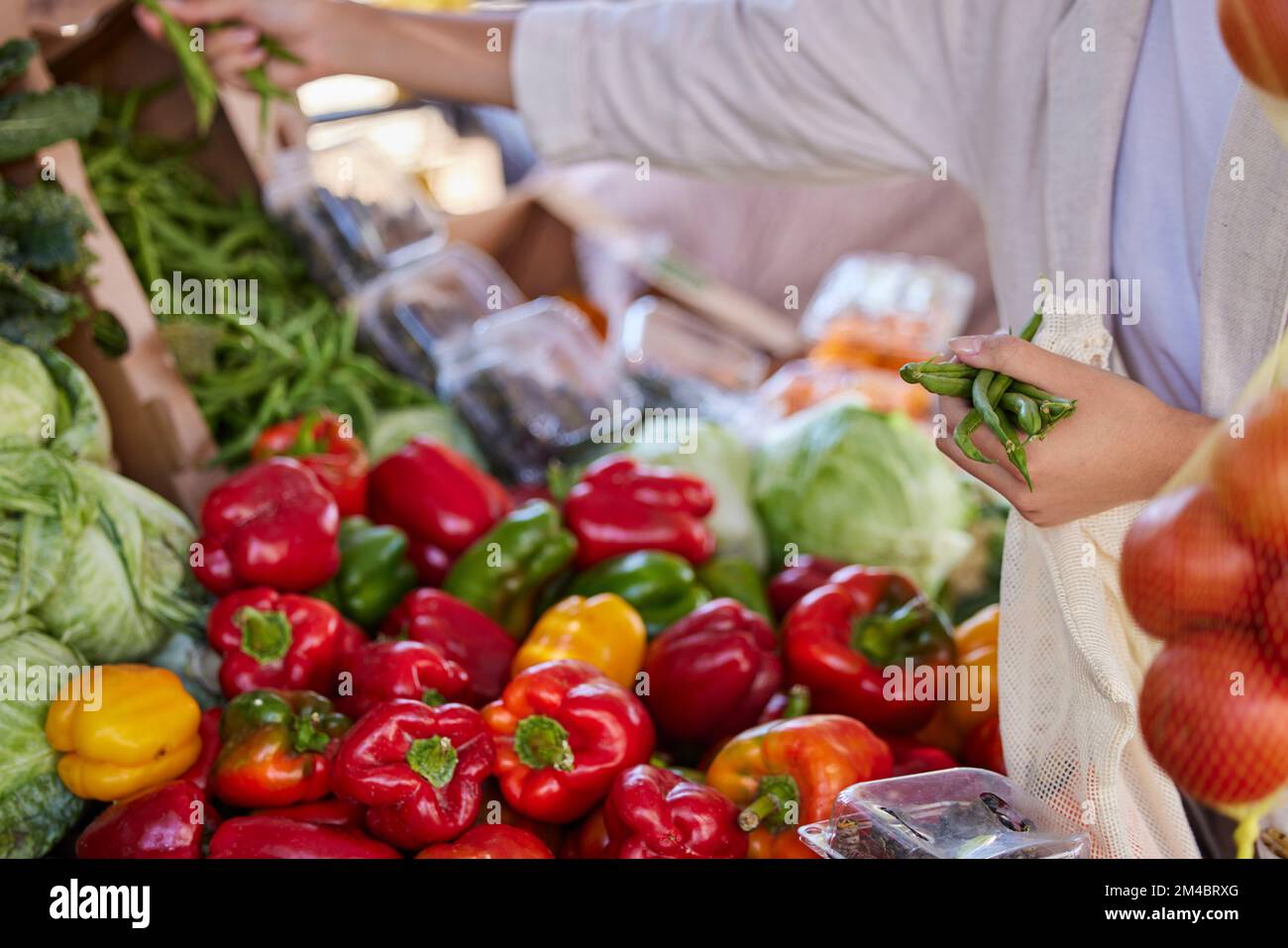 Vegetables, outdoor market with woman and shopping, customer with food ...