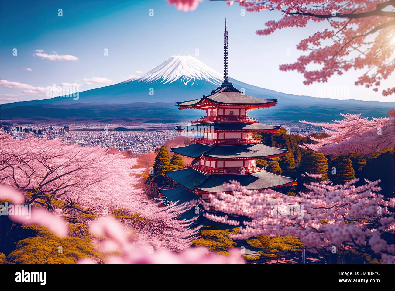 spring cherry blossoms in full bloom at Chureito Pagoda in Fujiyoshida ...