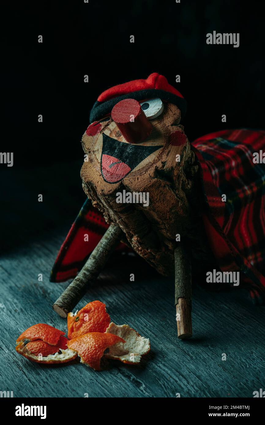 closeup of a homemade tio de nadal, a magical christmas character ...