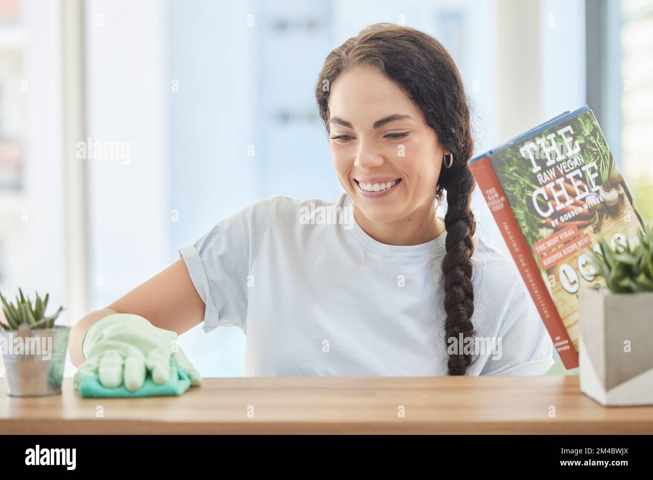 Woman, happy and cleaning with cleaner and cleaning service, hygiene ...