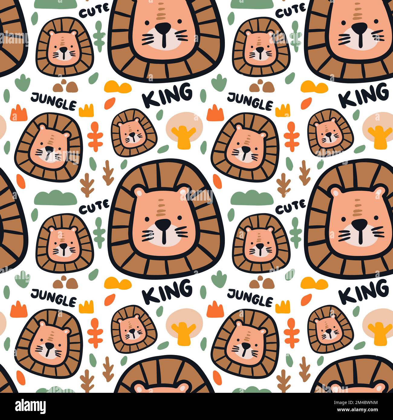 Cute little lion with forest objects doodle illustration seamless ...