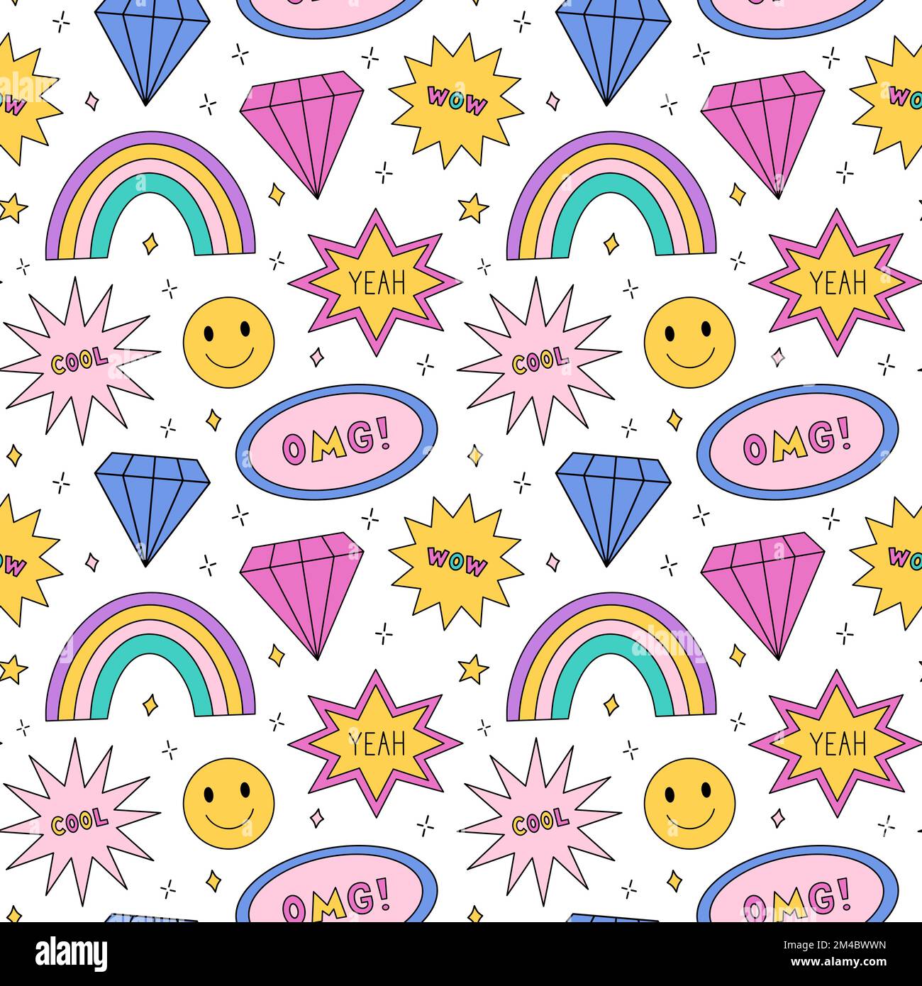 Bright seamless pattern in the style of the 90s. Colorful rainbows ...