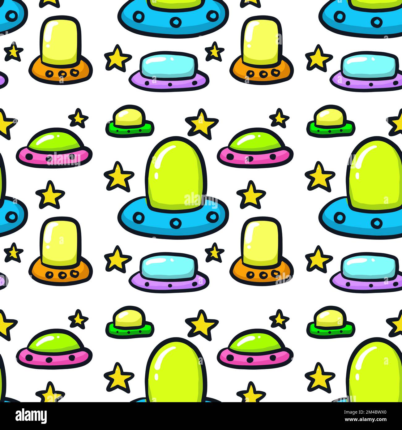 Cute UFO hand dawn doodle illustration seamless pattern. Can be used ...