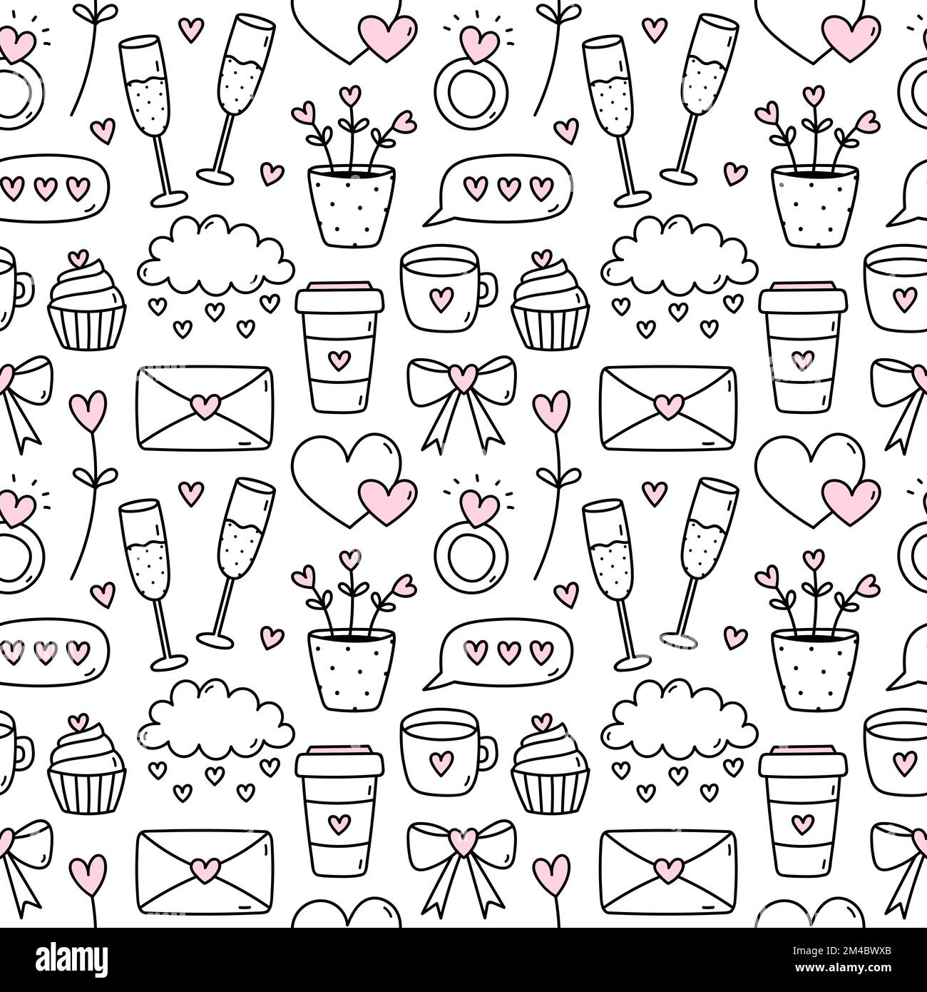 Cute seamless pattern for Valentines Day with champagne, rings, hearts ...