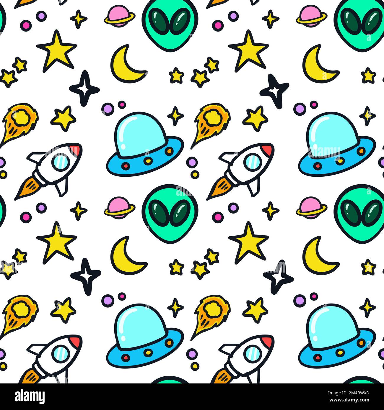Doodle alien, rocket, and space objects illustration seamless pattern ...