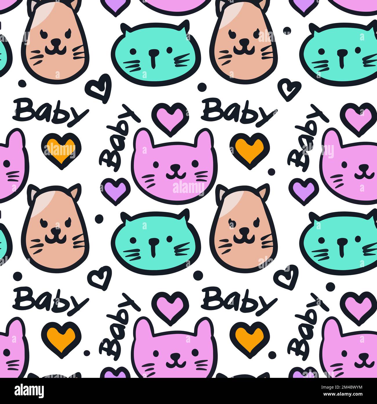 Cute cats doodle illustration childish seamless pattern. Can be used for kids apparel, fabric ...