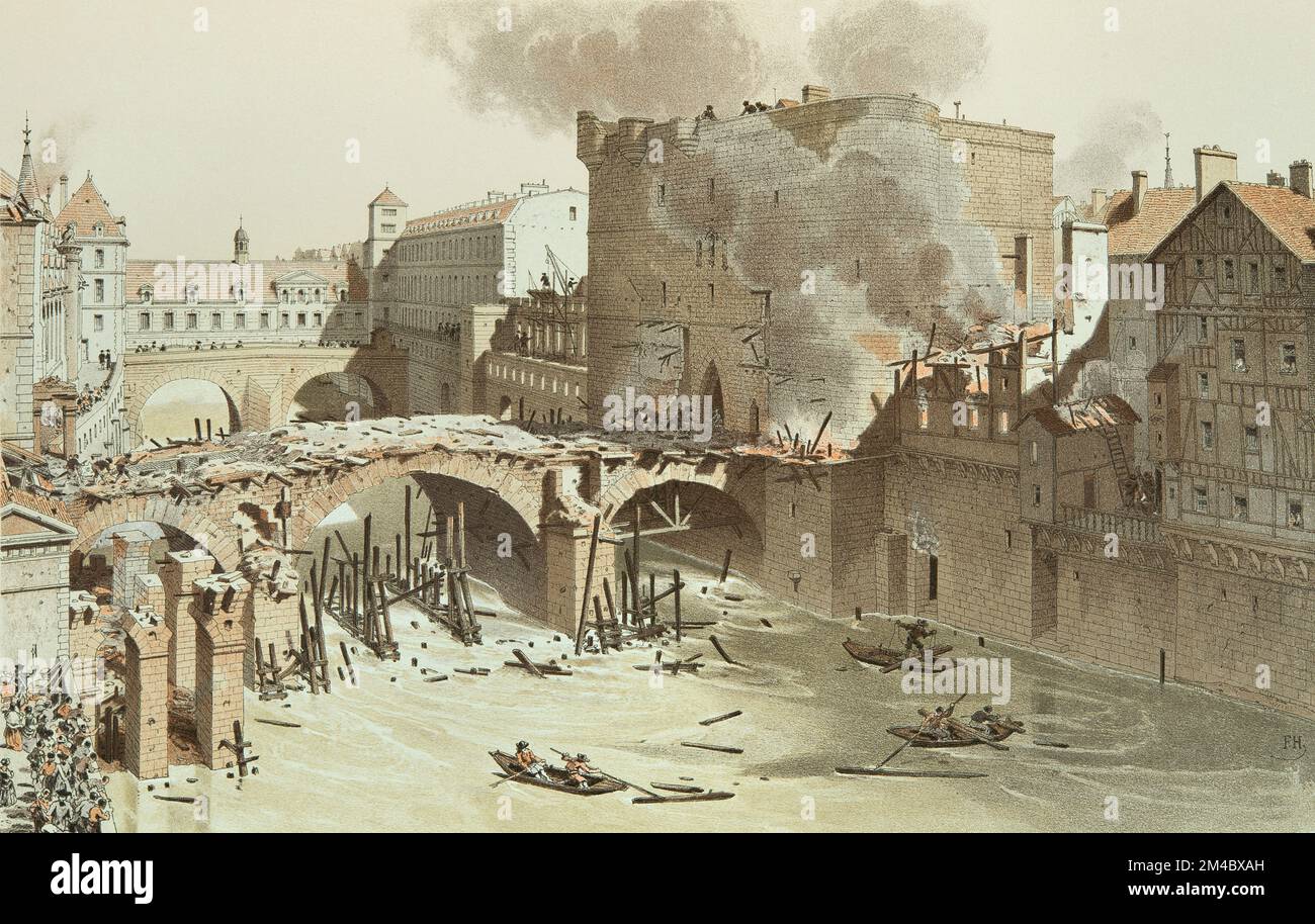 The small chatelet and the small bridge in Paris after the fire of ...