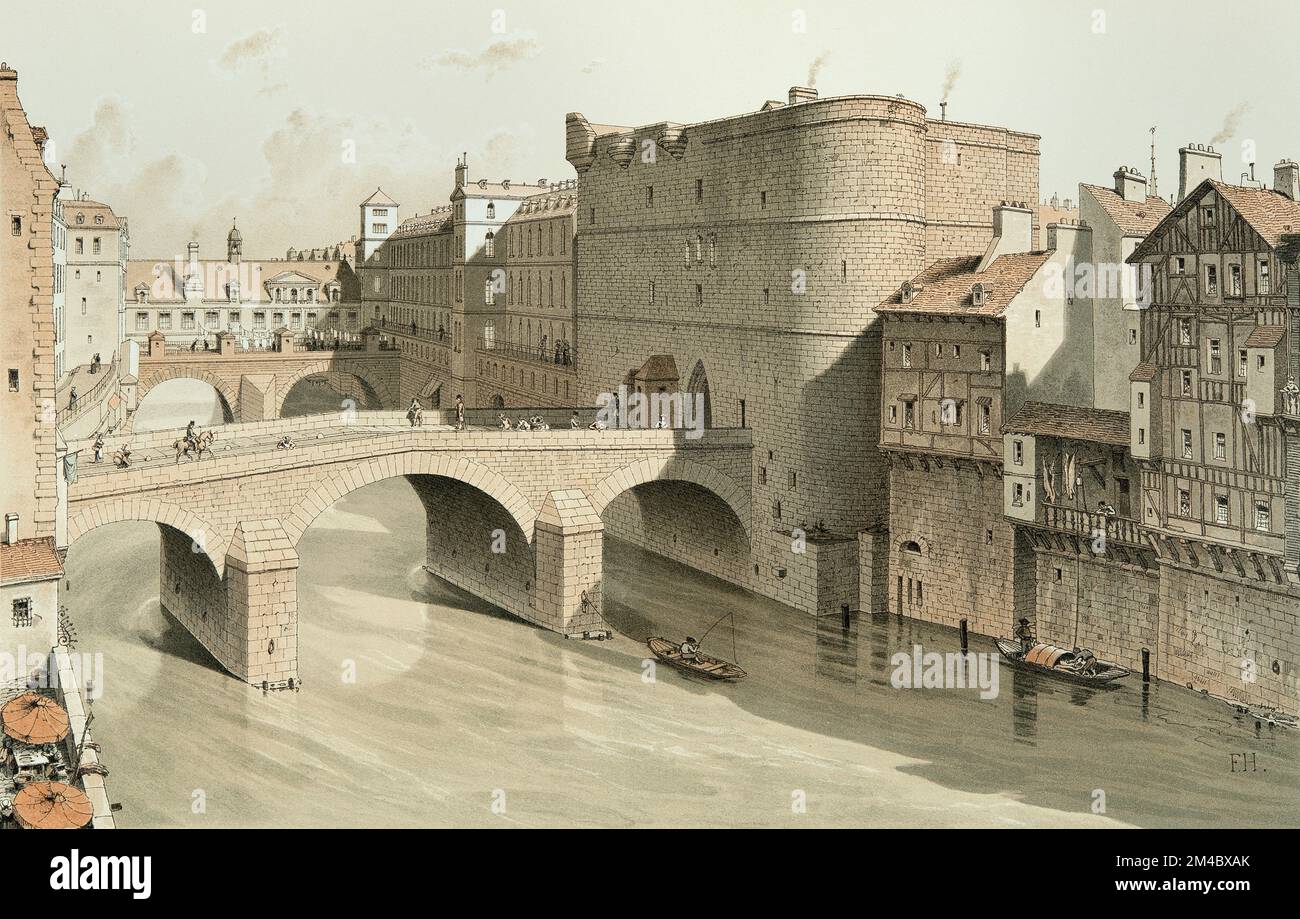 the small chatelet and the small bridge in Paris in 1780 (from left to ...