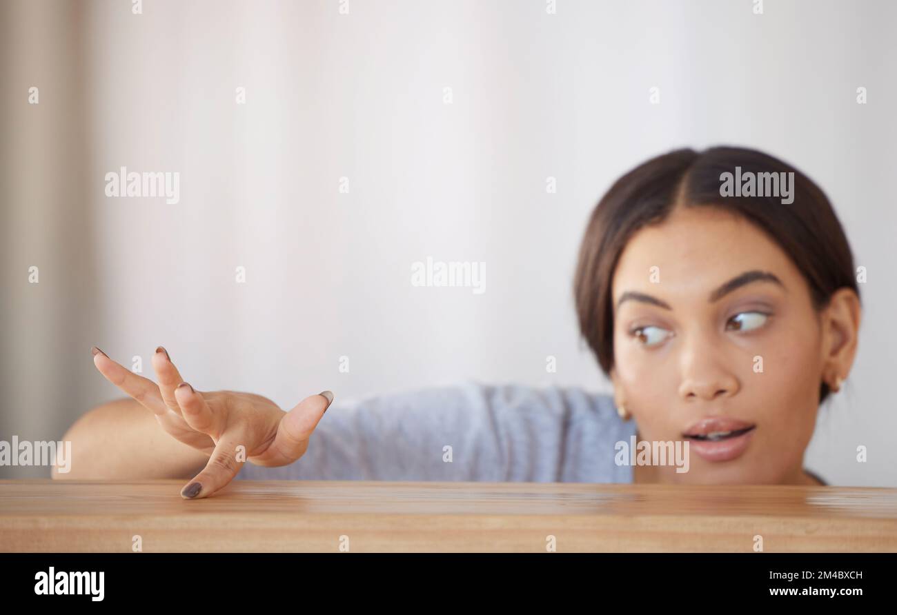 Woman, finger or dust table in hygiene maintenance, healthcare wellness ...