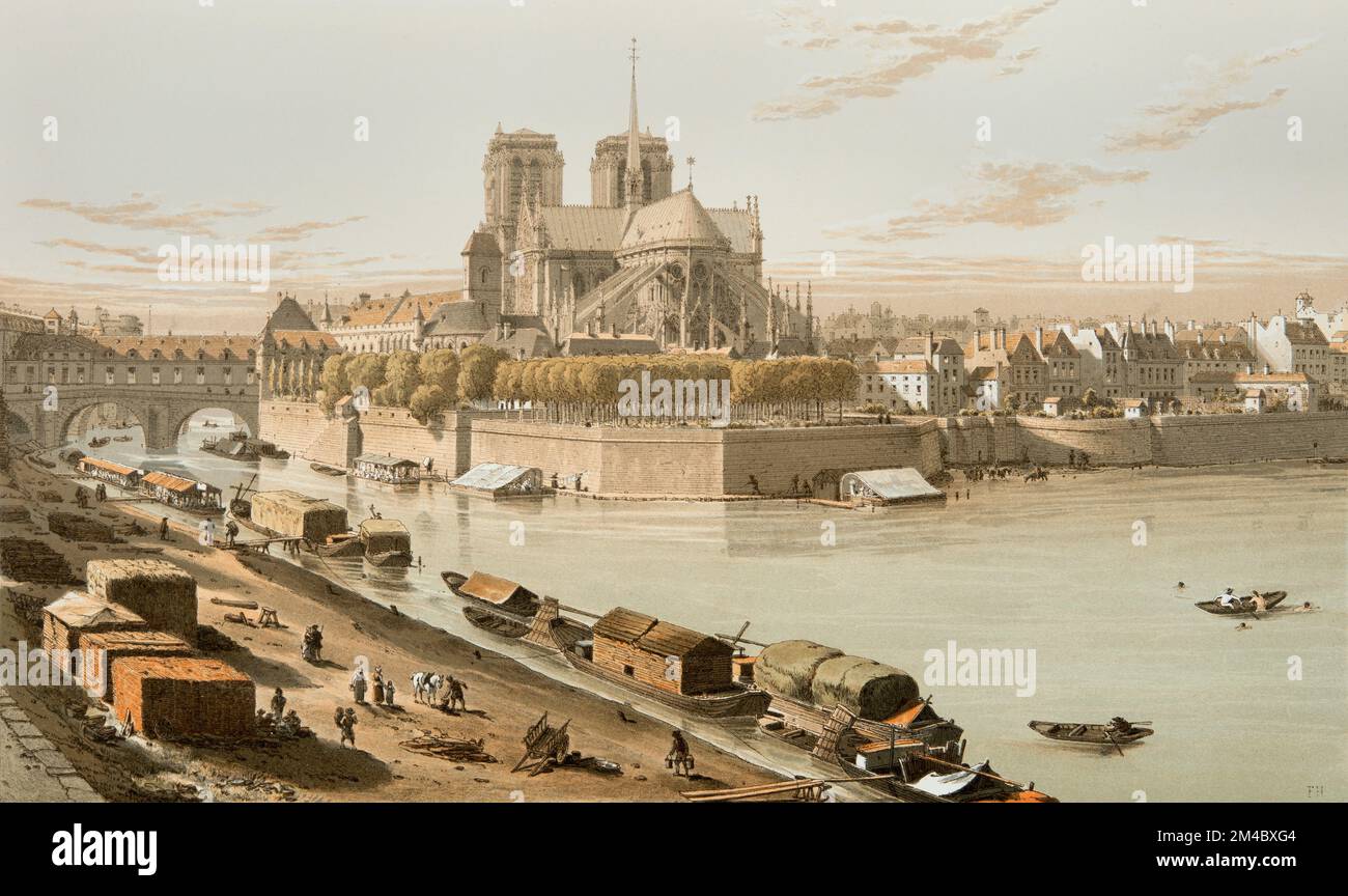 Notre Dame, the bishopric and the cloister in Paris in 1750 Stock Photo ...