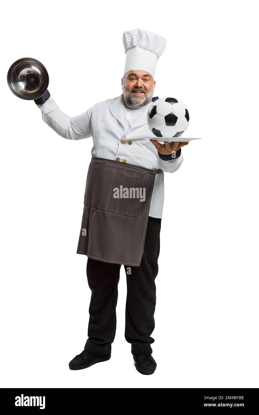 Portrait of bearded man, restaurant chef in uniform serving football ...