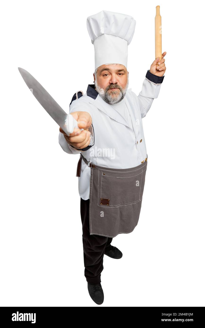 Portrait of bearded man, restaurant chef in uniform posing with cooking ...