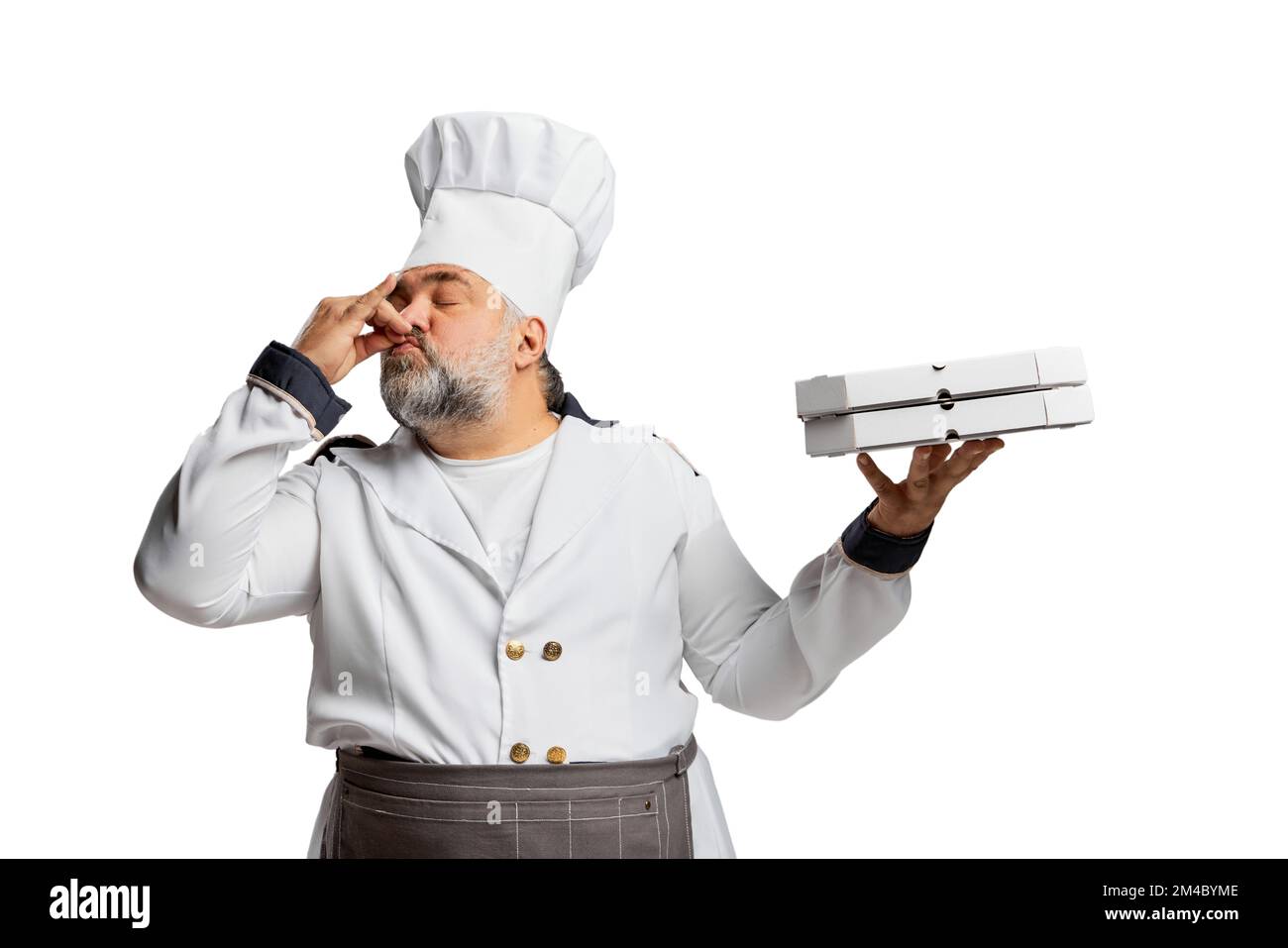 Portrait of bearded man, restaurant chef in uniform holding pizza boxes ...