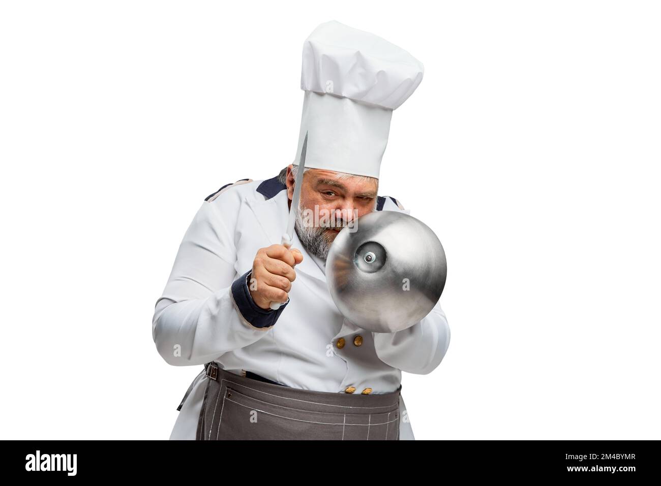 Portrait of bearded man, restaurant chef in uniform posing with bowl ...
