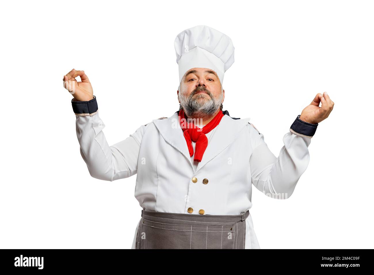 Portrait of bearded man, restaurant chef in uniform posing with proud ...