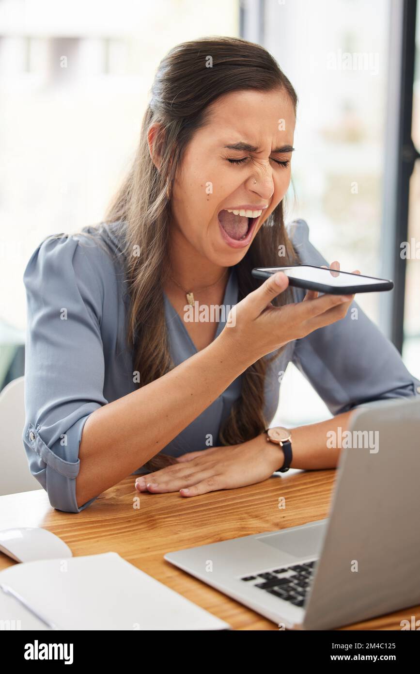 Stress, screaming and phone call for business woman on laptop in ...