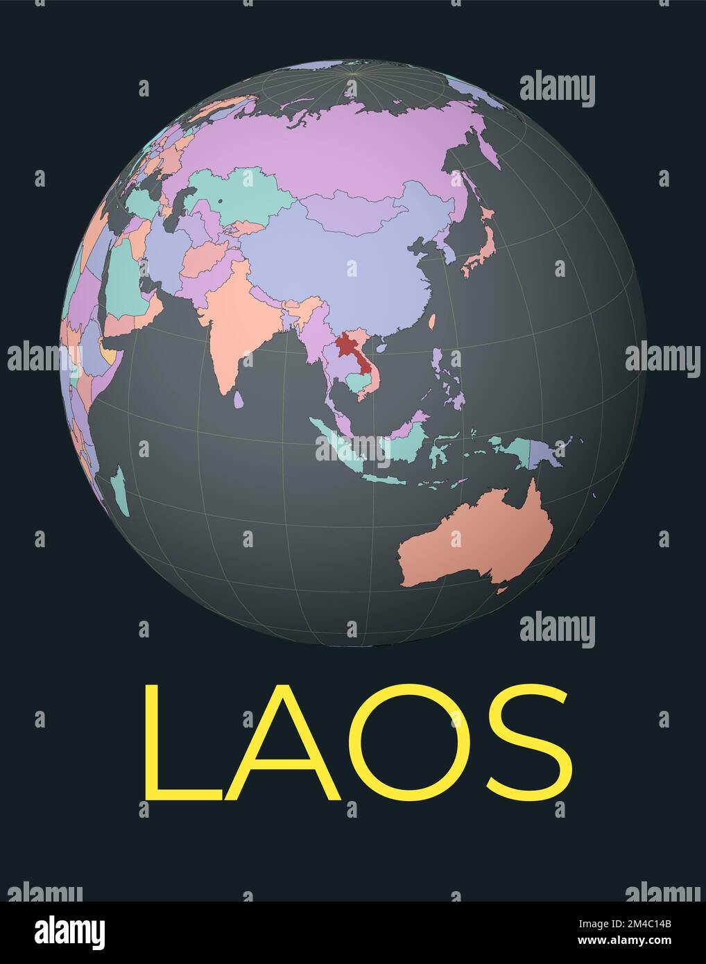 World map centered on Laos. Red country highlighted. Satellite world ...