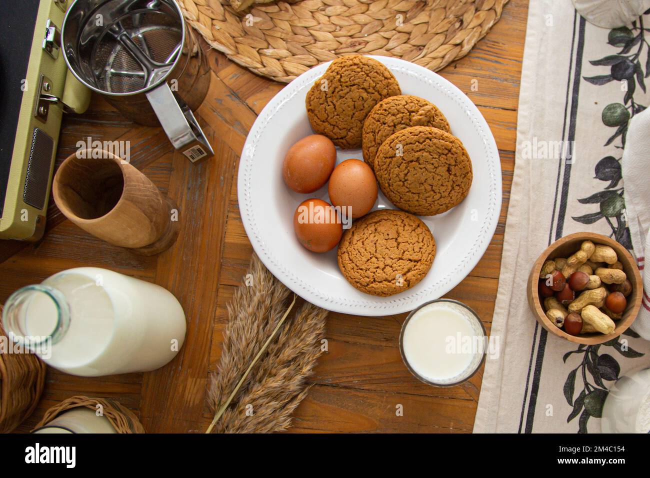 rustic NATURAL eco-friendly food on the decorated table, eggs Stock ...
