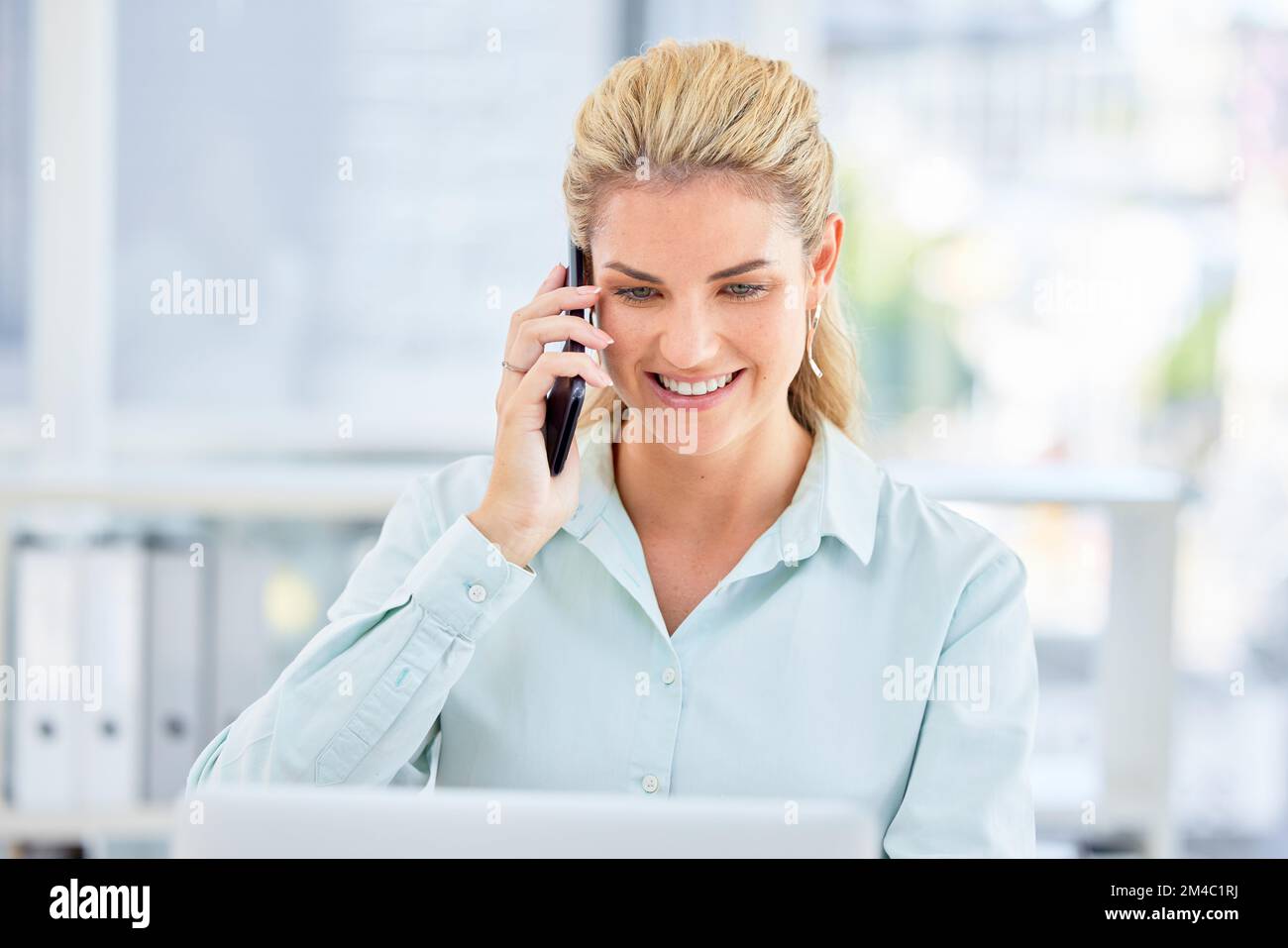 Business woman, phone call and happy accountant working at a office ...