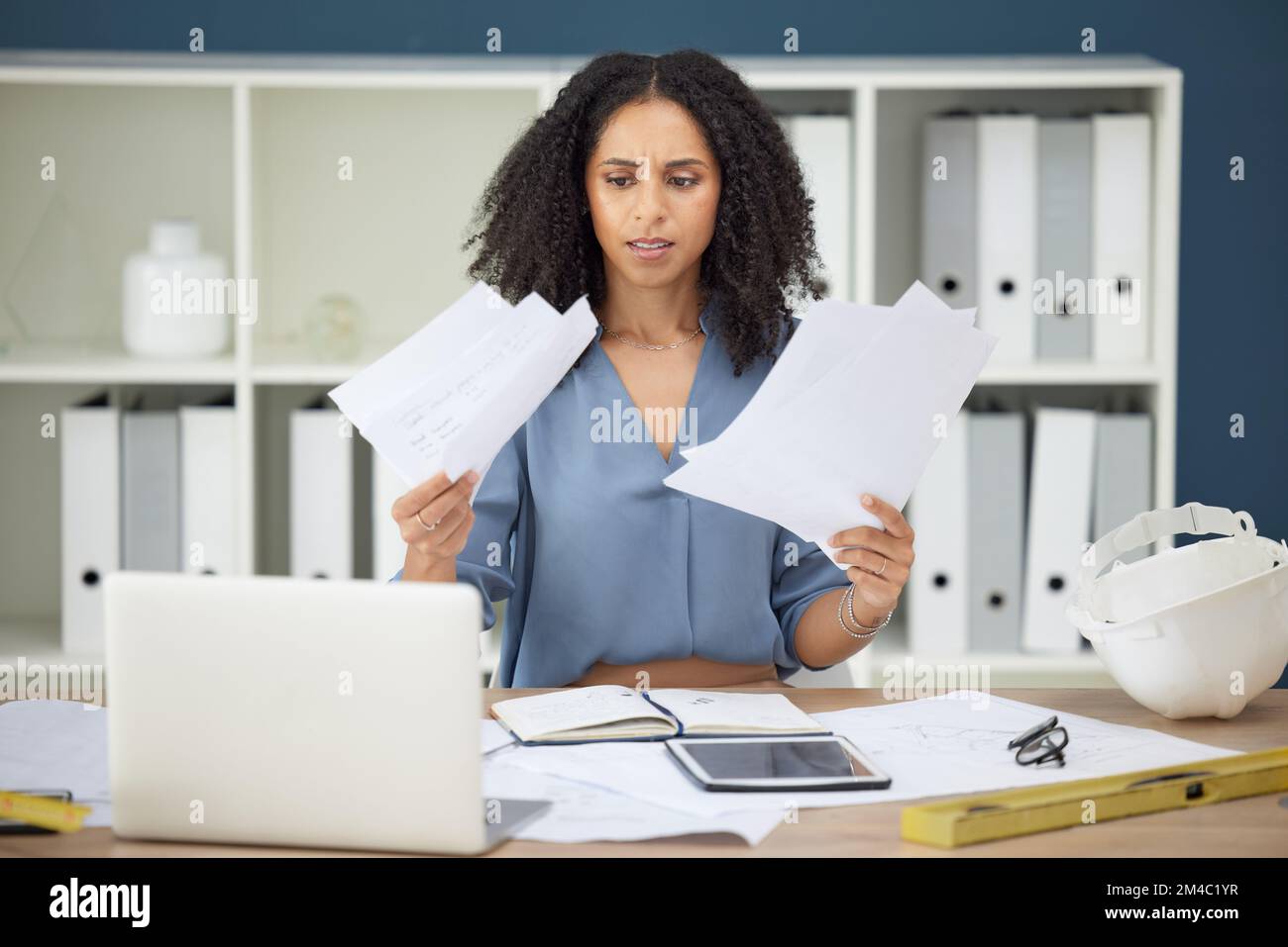 Architecture, deadline and stress with business woman for planning ...