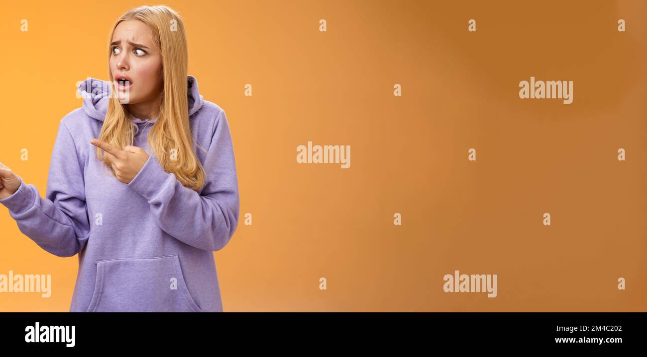 Concerned freak-out panicking funny blond girl gasping pop eyes drop ...