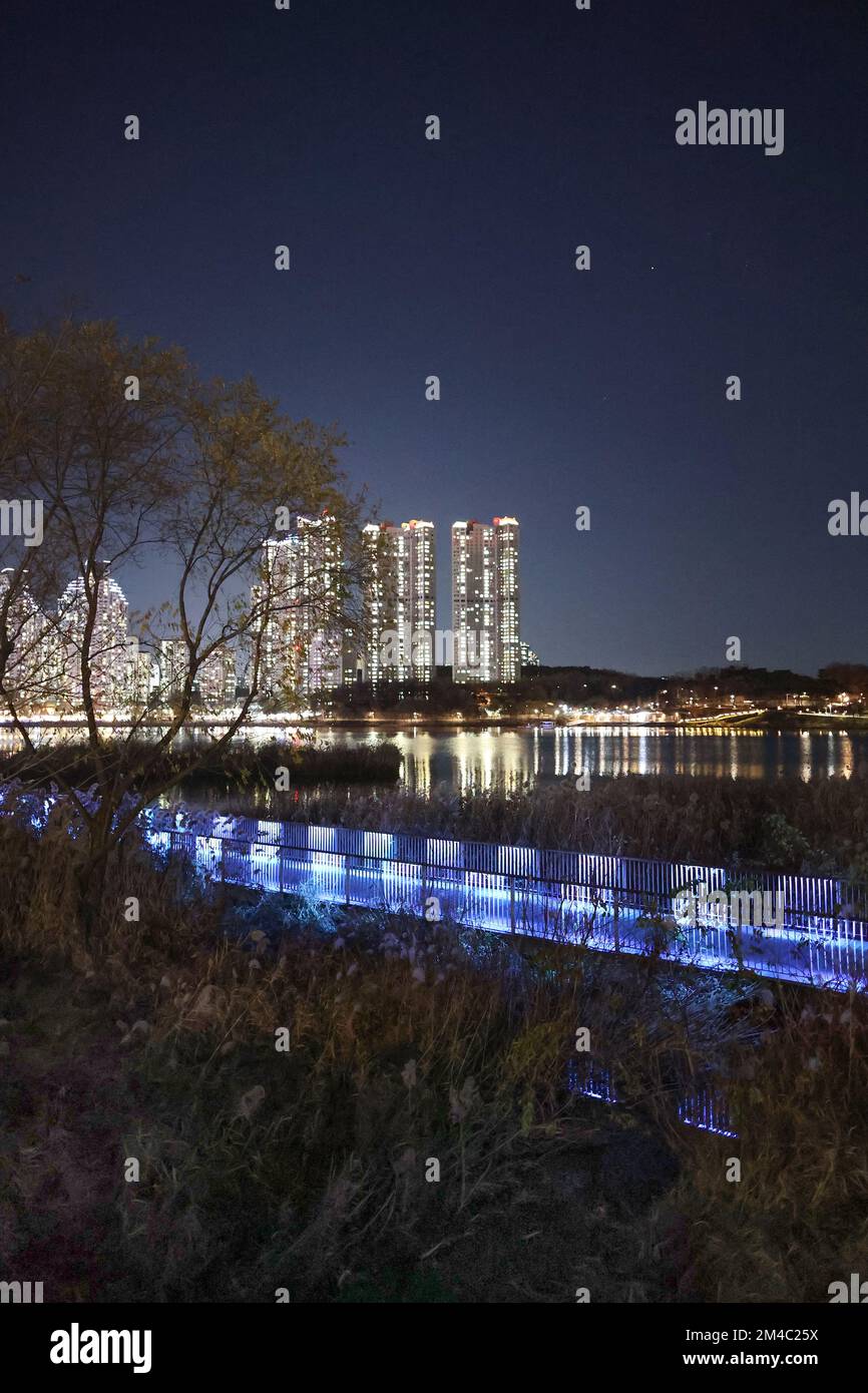 The beautiful night city view at Gwanggyo Lake park in Suwon, South ...