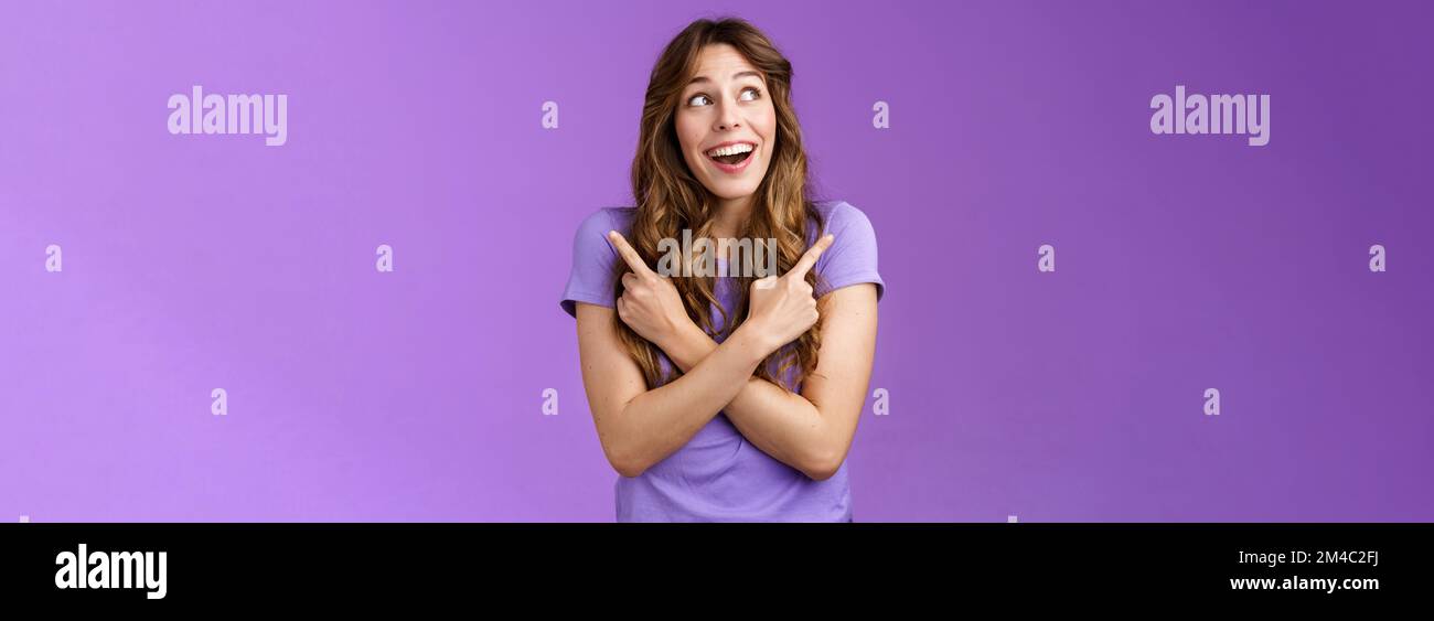 Happy cheerful lively curly girl smiling broadly receive awesome ...