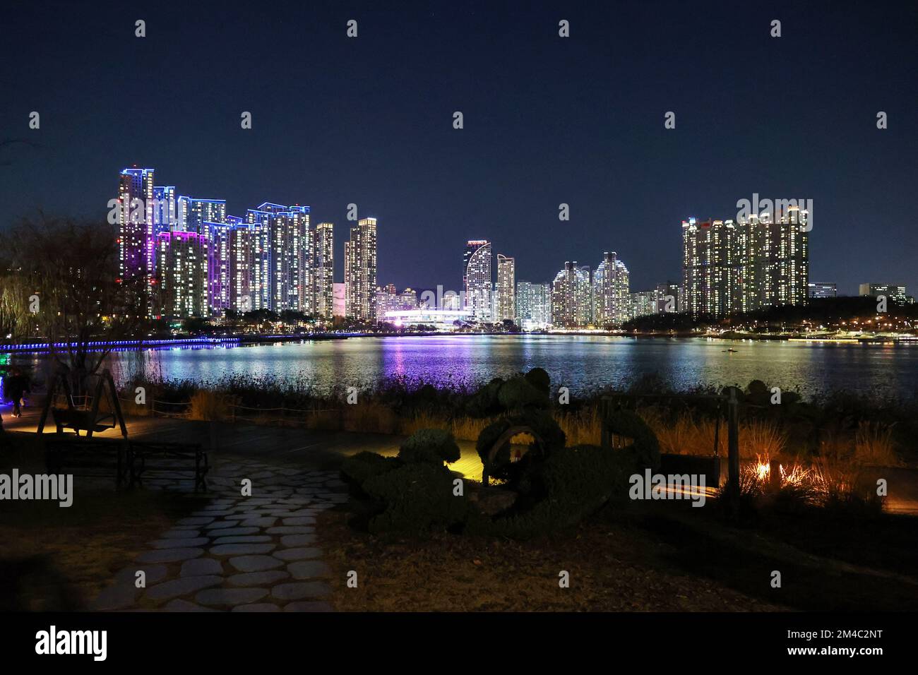 The beautiful night city view at Gwanggyo Lake park in Suwon, South ...