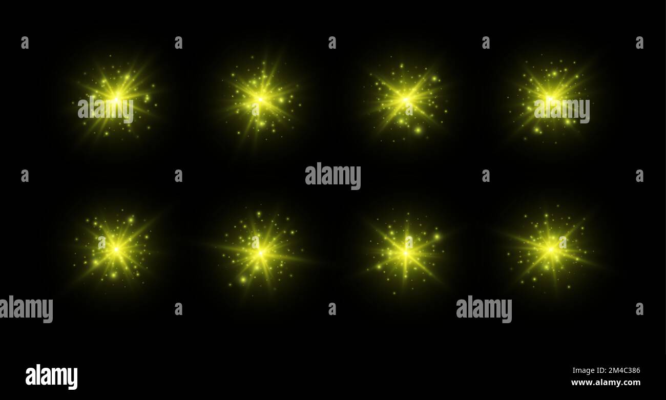 Lens flares with sparkles, yellow starbursts set, shiny camera flashes ...