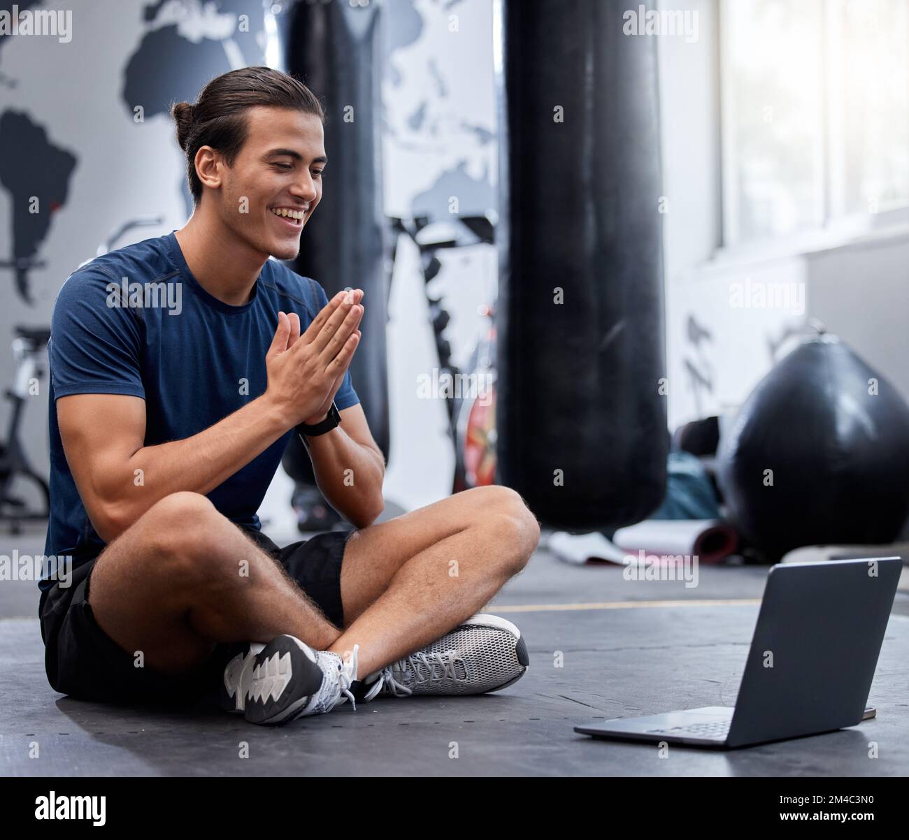 Fitness gym, laptop and video call, influencer and live streaming for ...