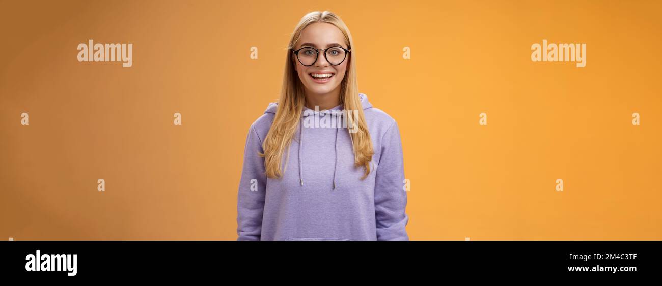 Charming female student geek smiling energized wanna participate ...