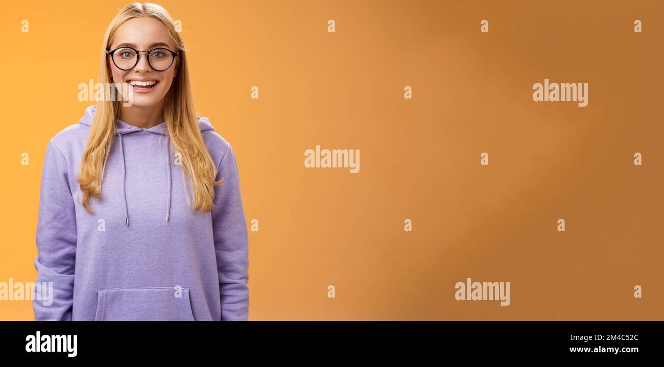 Charming female student geek smiling energized wanna participate university event grinning look ...