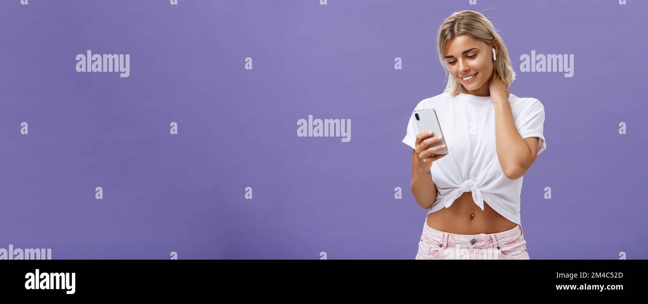 Woman receiving warm romantic message being delighted and touched ...