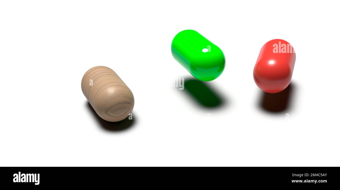 one green capsule, pill, one red capsule, pill and one wooden look ...