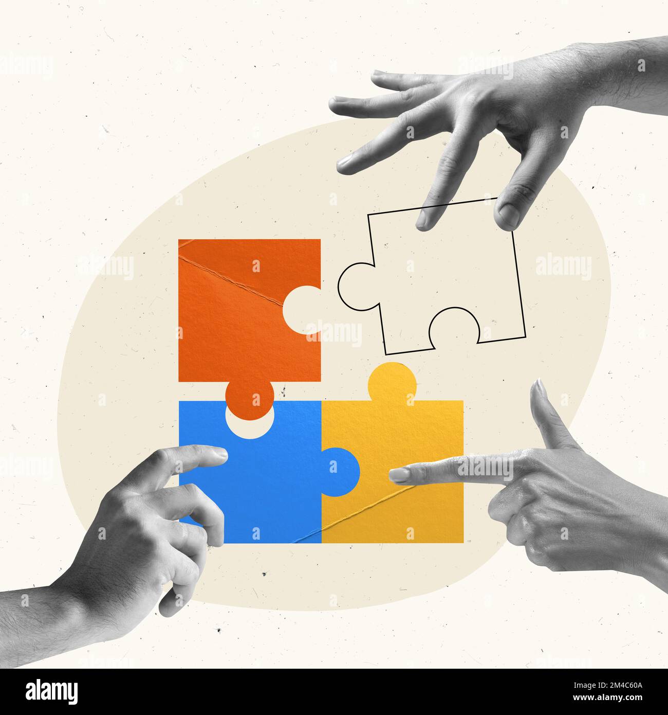 Contemporary art collage. Creative design. Human hands connecting ...