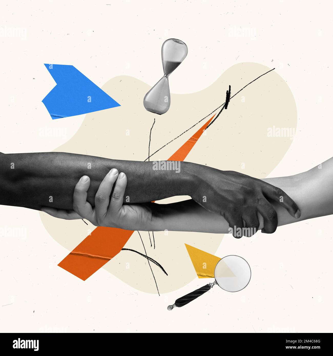 Contemporary art collage. Creative design. Human holding hands ...