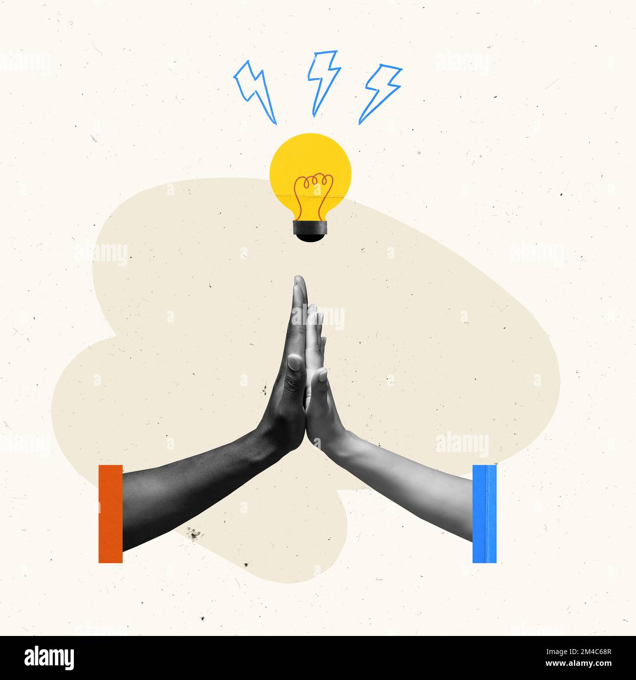 Contemporary art collage. Creative design. People holding hand to hand ...