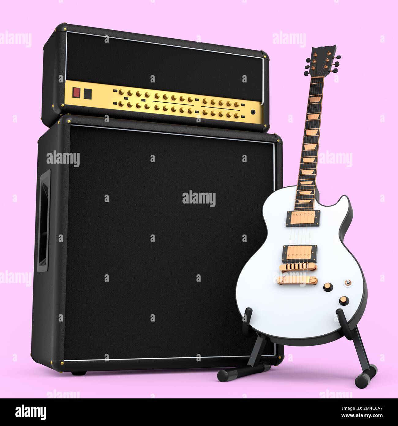 Classical amplifier with acoustic guitar on stand isolated on pink ...