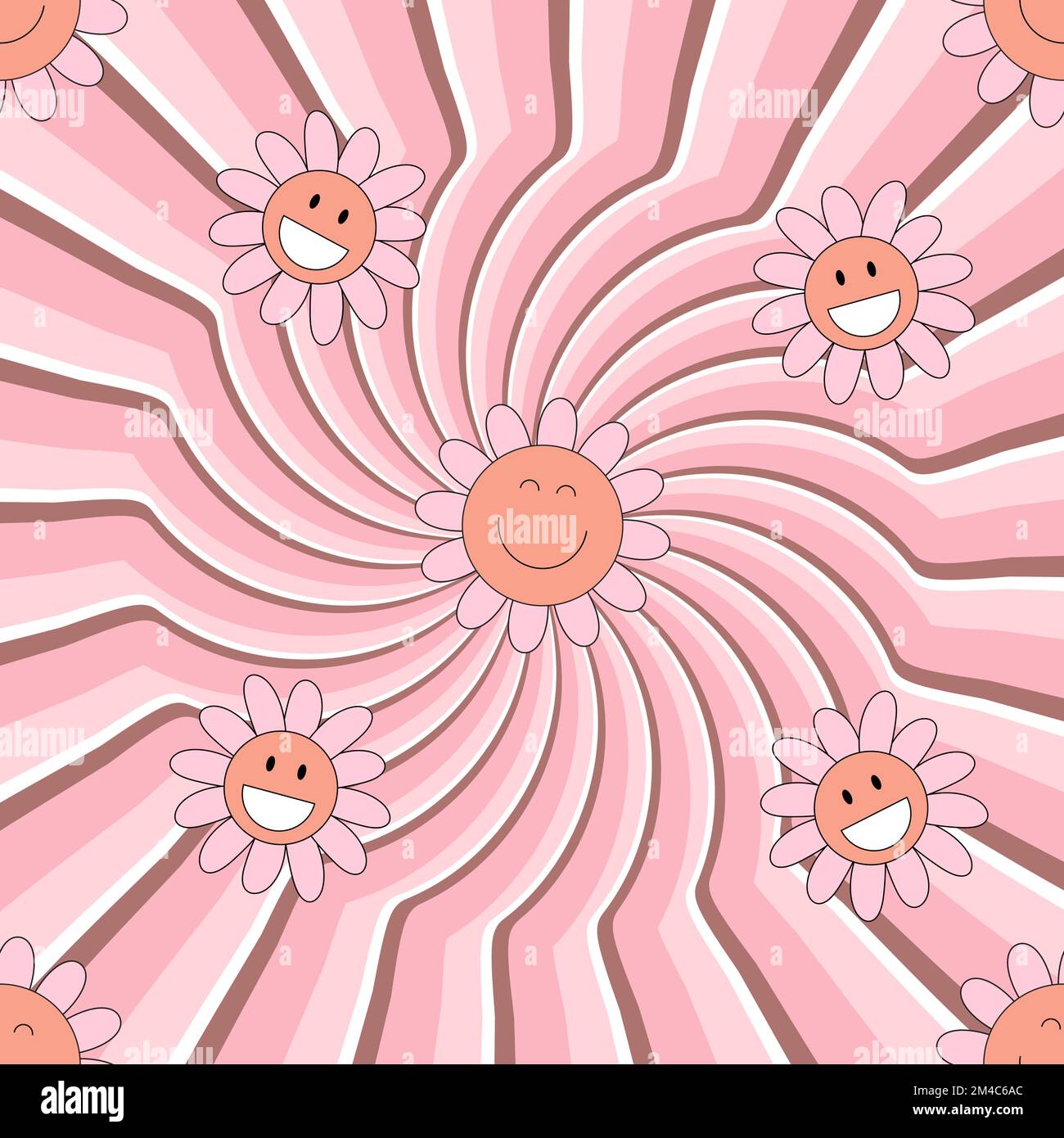 Groovy pattern with vintage daisy 70s, 60s lsd elements vector ...