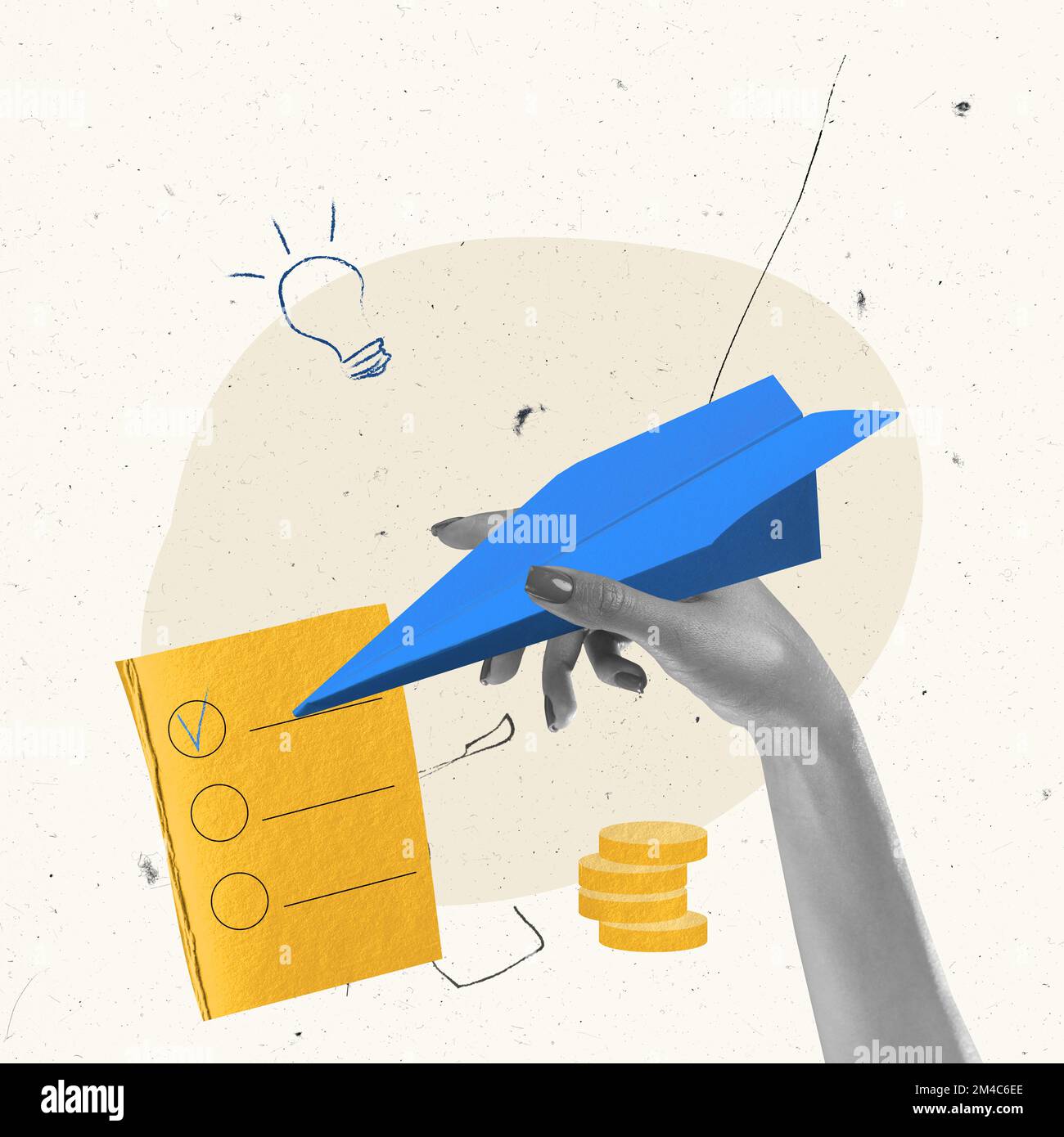 Contemporary art collage. Creative design. Female hand putting mark on ...