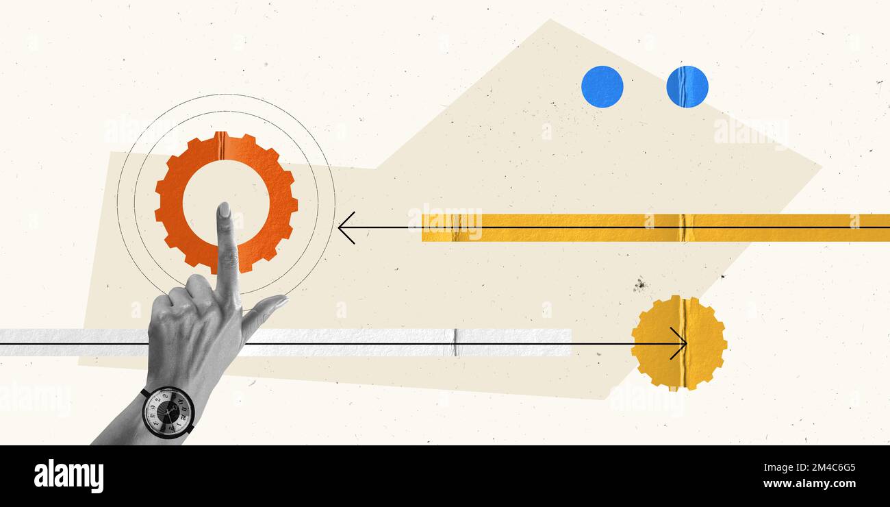 Contemporary art collage. Creative design. Working process. Male hand ...