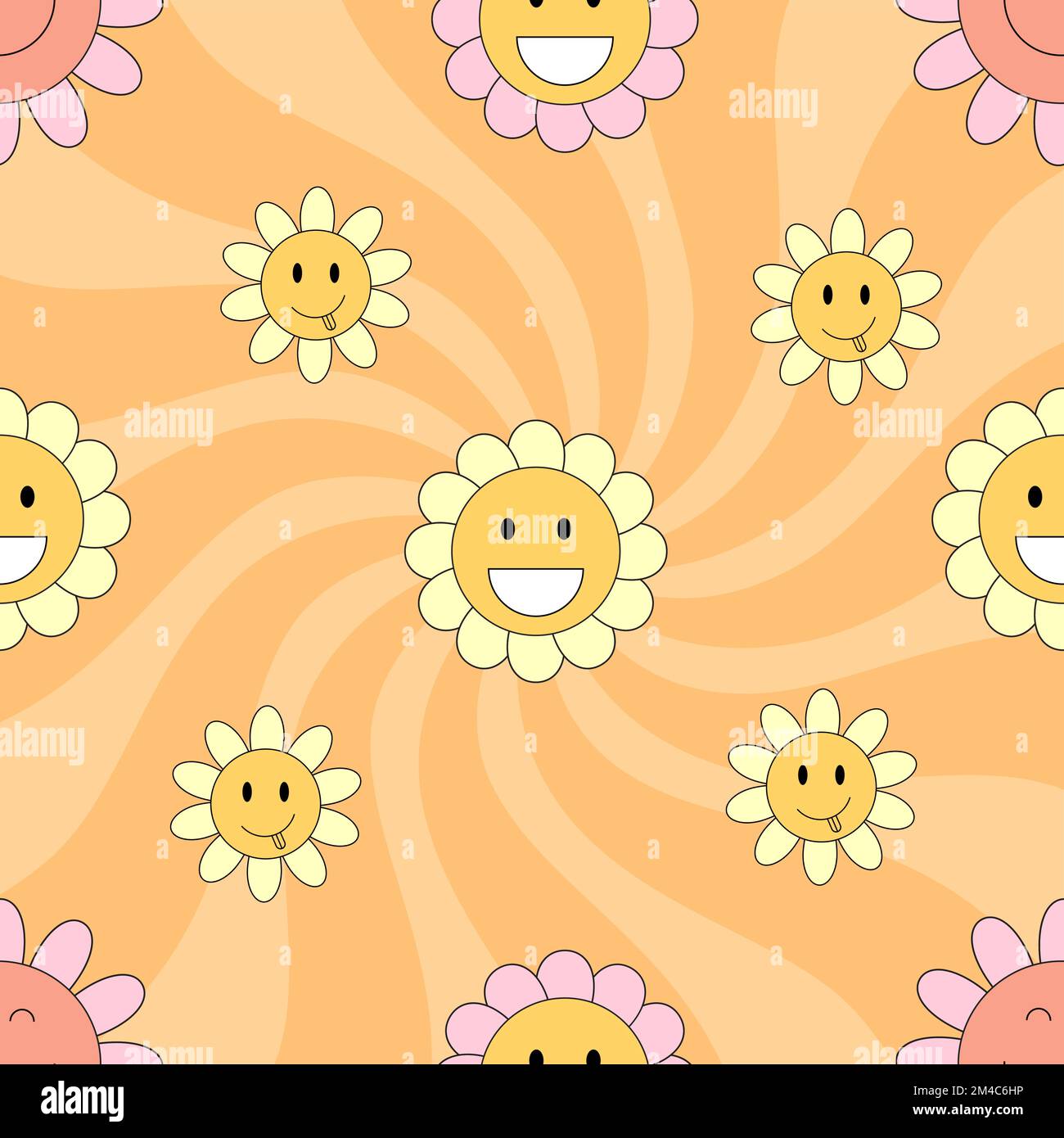 Groovy pattern with vintage daisy 70s, 60s lsd elements vector ...