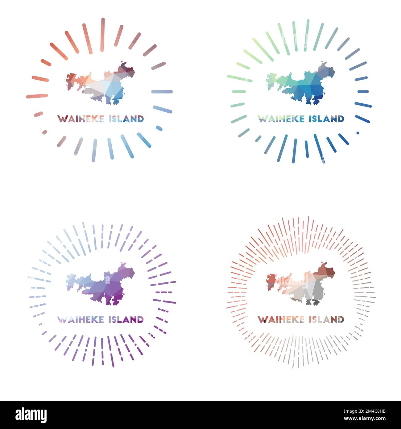 Waiheke Island low poly sunburst set. Logo of island in geometric ...