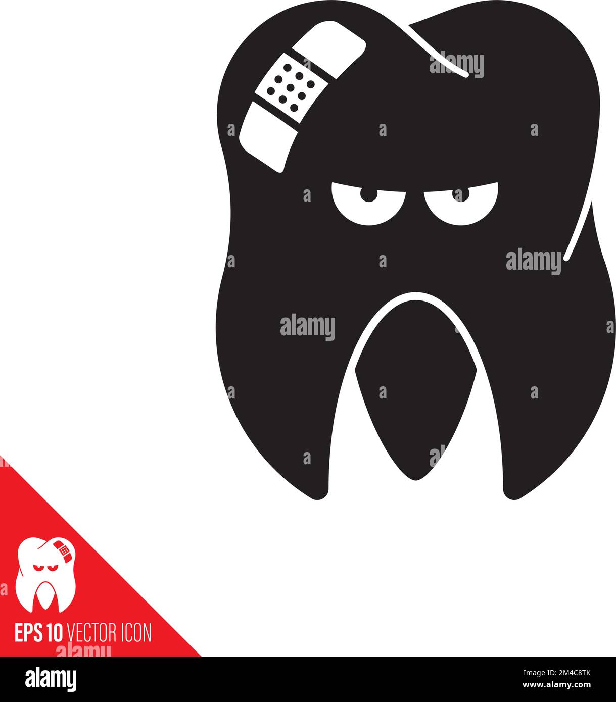 Annoyedly looking tooth with band aid vector glyph icon. Toothache and ...