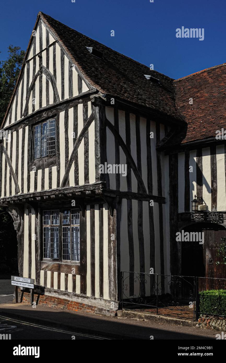Spectacular timber framing and arched entrance to a medieval guildhall ...