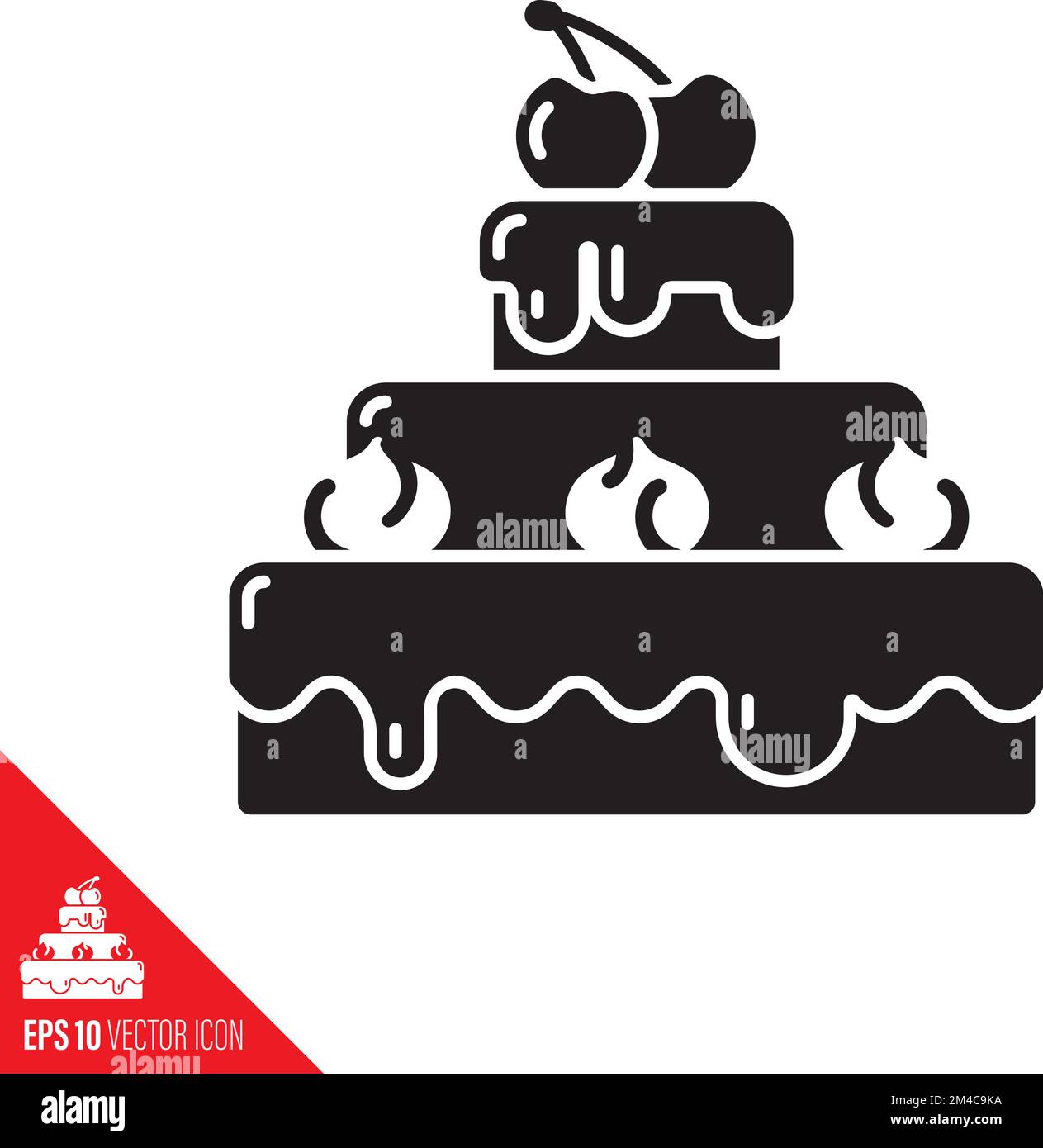 Chocolate cake with cream and cherries on top glyph icon. Sweet food ...