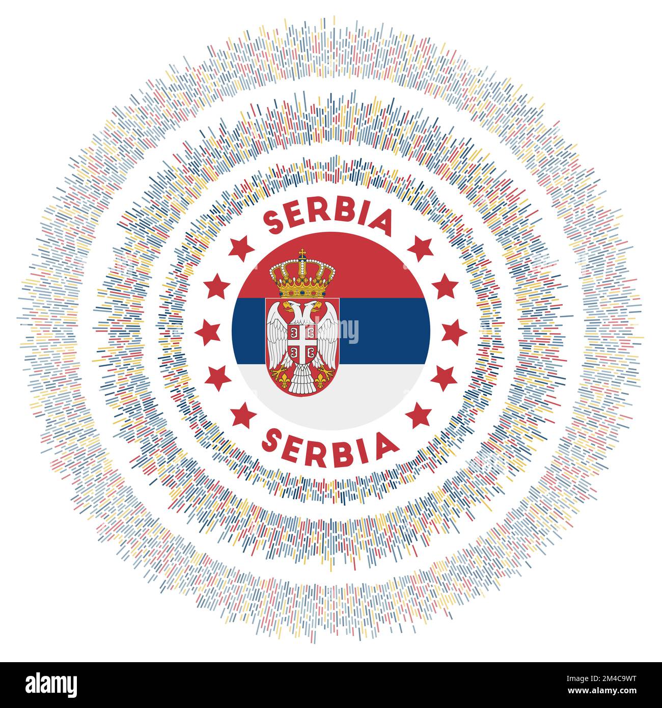 Serbia symbol. Radiant country flag with colorful rays. Shiny sunburst with Serbia flag. Neat ...