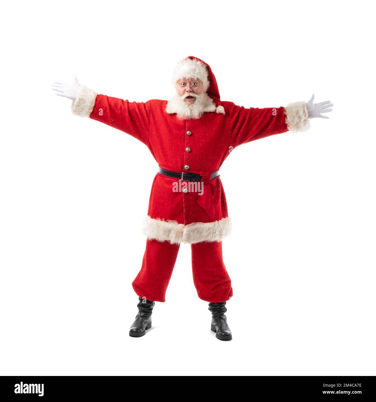 Santa Claus with hands lifted upwards isolated on white background ...